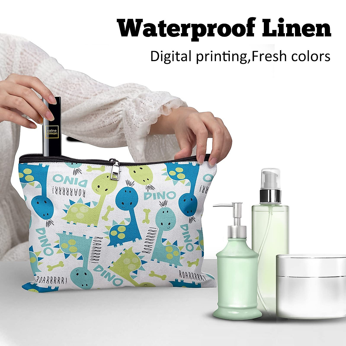 Cafl Cute Dinosaur Makeup Bag Cute Dino Make Up Bag Zipper Cosmetic Pouch Large Toiletry Bag Travel Linen Make Up Organizer for Purse for Women 10×8Inch