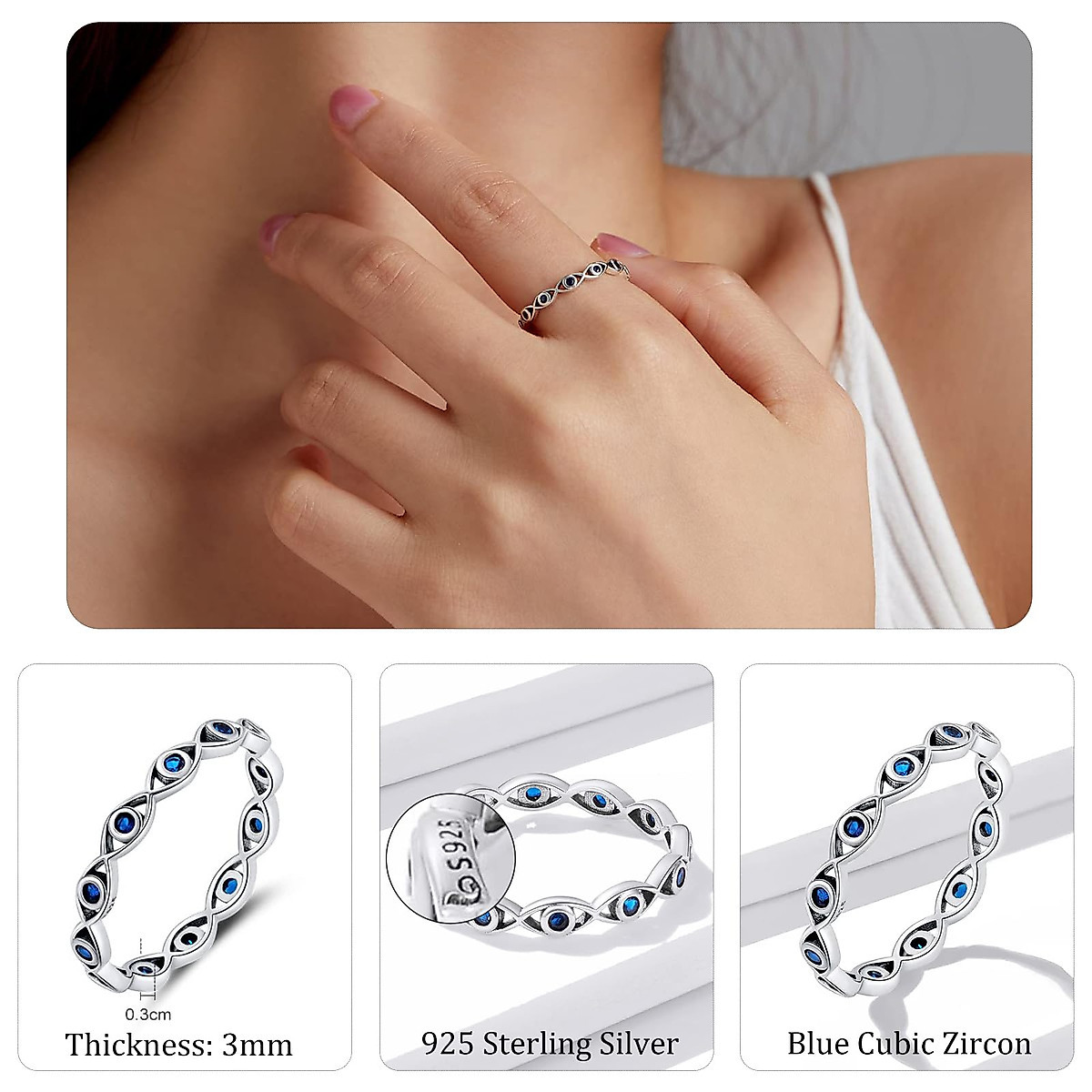 Evil Eye Infinity Ring for Women: 925 Sterling Silver Blue Eyes Stackable Rings Wedding Eternity Band Engagement Promise Cubic Zirconia Bands, Cute Rings Jewelry Birthday Presents Size 8