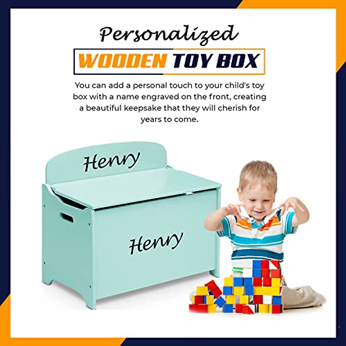Personalized Wooden Toy Box for Boys and Girls - Sturdy Wood Toy Chest with Slow Closing Lid - Large Kids Toy Storage Box - Mint Wooden Toy Trunk for Kids Playroom and Bedroom
