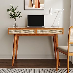 Longcoam Design Mid-Century Modern Solid Wood Desk with Drawers – 45 inch Small Boho Rattan Writing Desk for Home Office, Minimalist Design Natural Wood Legs Table for Workspace Elegance