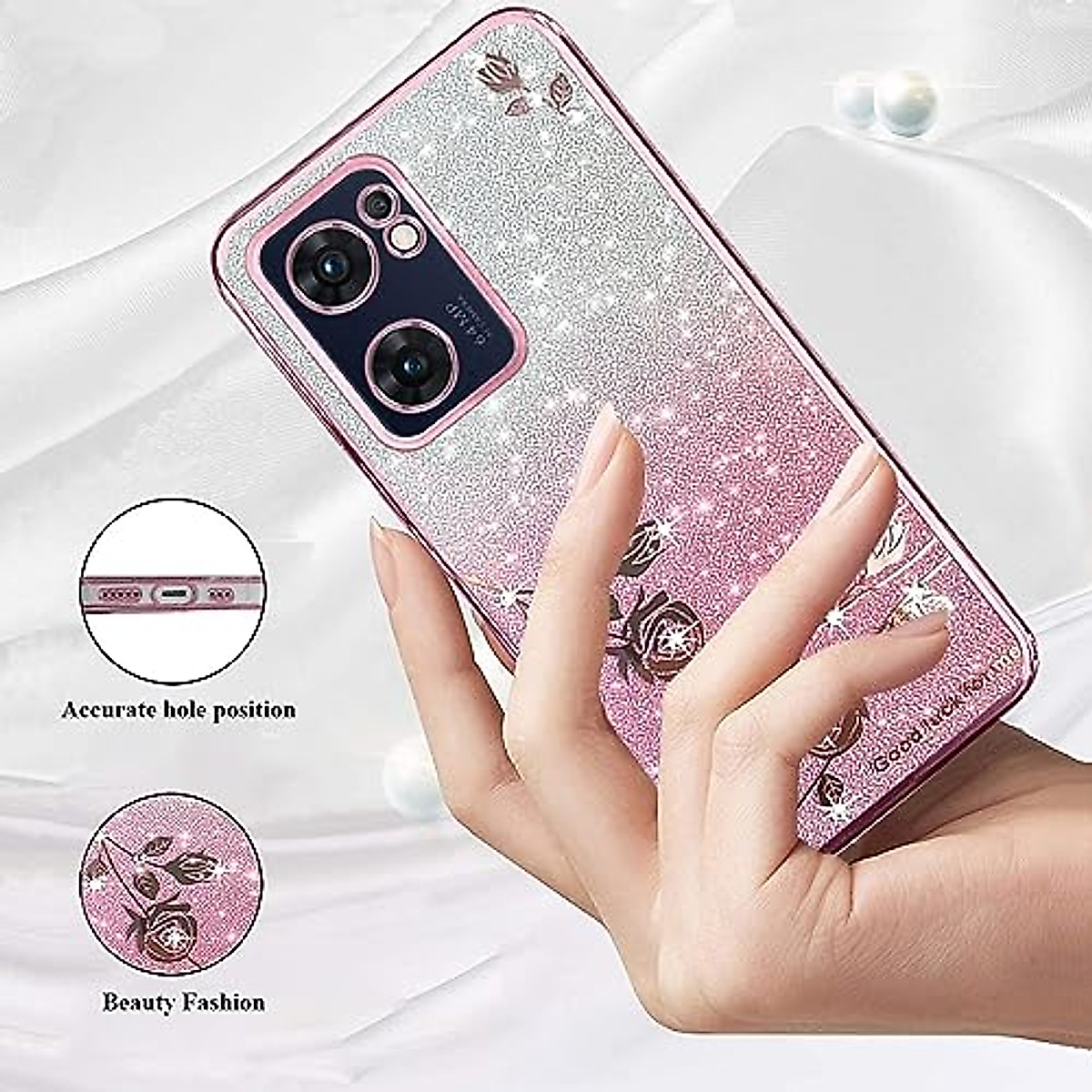 Kainevy for Oppo Reno 7 5G Case Glitter for Women Girls Pink Floral Clear Shockproof Protector Oppo Reno 7 5G Phone Case Luxury Diamond Bling Sparkle Cute Phone Cover Soft TPU (Pink)
