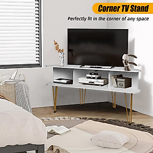 Corner TV Stand with 3 Open Divided Storage, Corner TV Console with Metal Feet and Anti-Slip Pads, Corner Entertainment Stand with Cable Hole, White