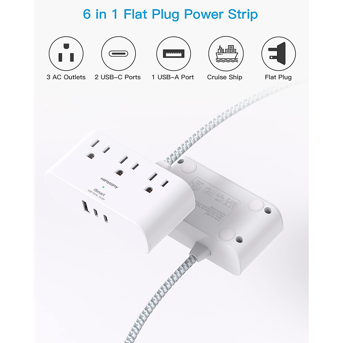 Black Power Strip Surge Protector and 6Ft Ultra Thin Flat Extension Cord
