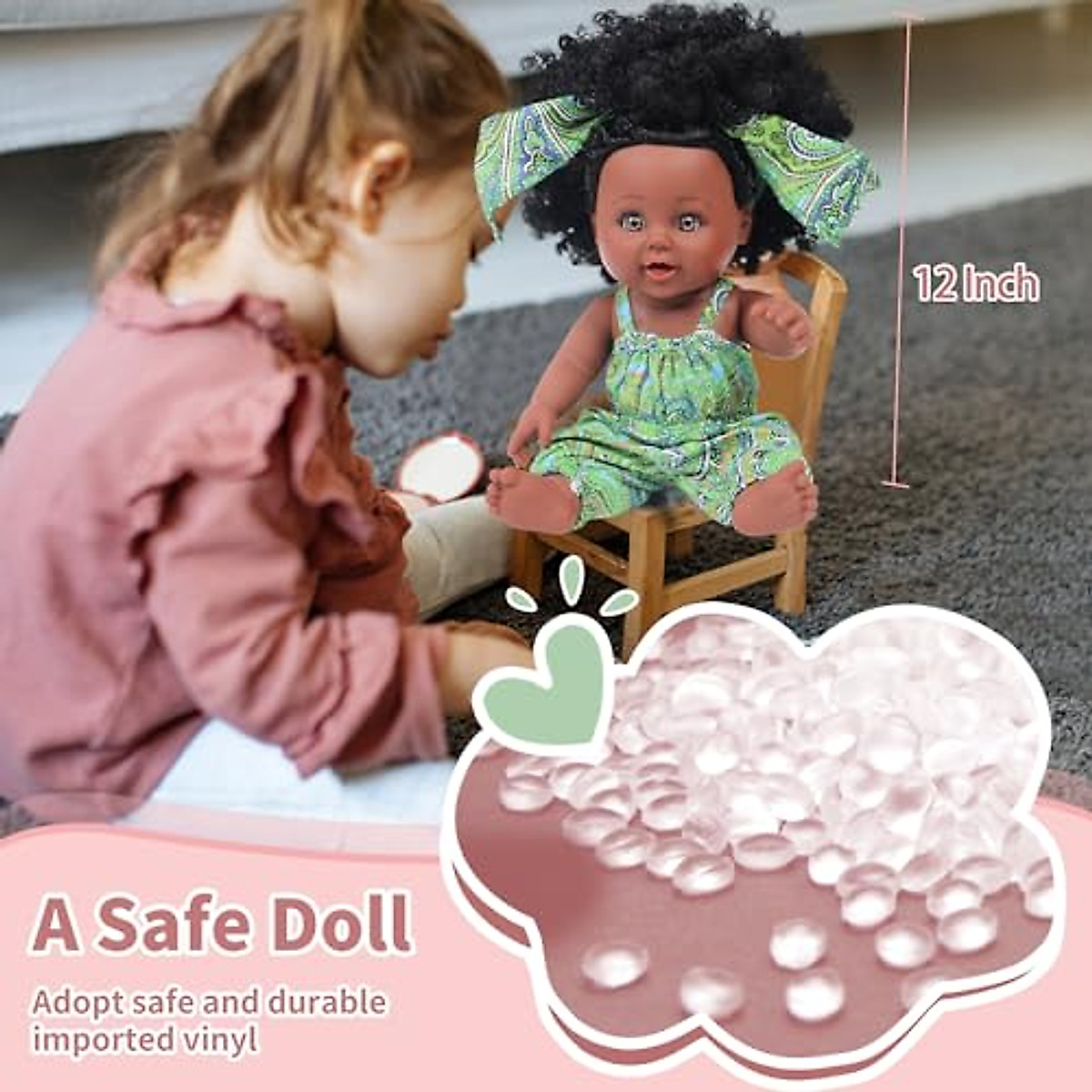 TUSALMO 12 inch Lifelike Silicone Vinyl Newborn Baby Dolls, African American Baby Black Dolls, give for Kids and Girl Holiday Birthday Gift, African Black Dolls, Reborn Doll