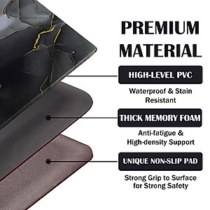 BLEUM CADE 2 PCS Kitchen Rugs and Mats Black Marble Kitchen Mats for Floor Anti Fatigue PVC Waterproof Leather Runner Rug Non Slip Cushioned Standing Mat for Sink Laundry 17.3''x30''+17.3''x47''