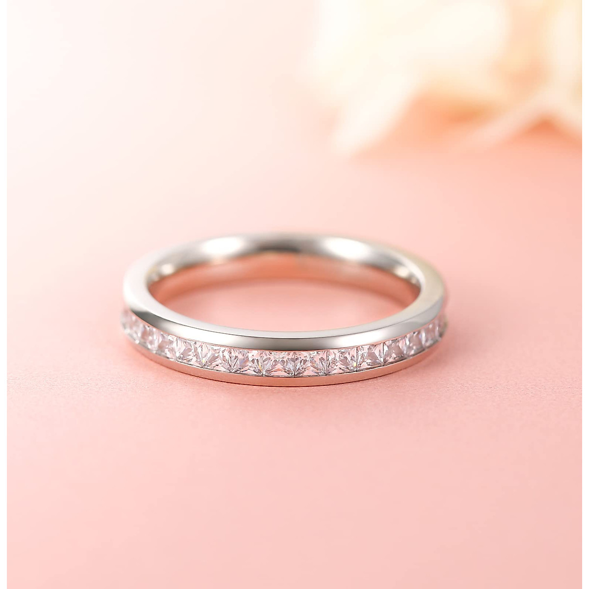 TIGRADE 4mm Women Titanium Engagement Ring Cubic Zirconia Eternity Wedding Band Size 3 to 13.5 (4MM-Square CZ, 8)