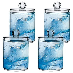 ALAZA 4 Pack Qtip Holder Dispenser Teal Turquoise Marble Bathroom Organizer Canisters for Cotton Balls/Swabs/Pads/Floss,Blue Marble Plastic Apothecary Jars for Vanity