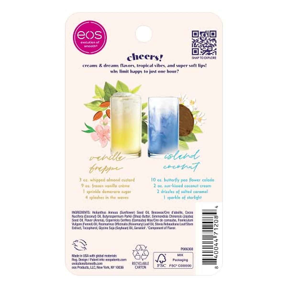 eos Sunset Sips Lip Balms- Island Coconut & Vanilla Frappe, All-Day Moisture, Lip Care, 0.14 oz, 2-Pack