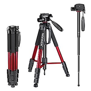 NEEWER Portable Aluminum Alloy Camera 2 in 1 Tripod Monopod Max. 70"/177cm with 3 Way Swivel Pan Head and Carrying Bag for DSLR, DV Video Camcorder (SAB264, Red)