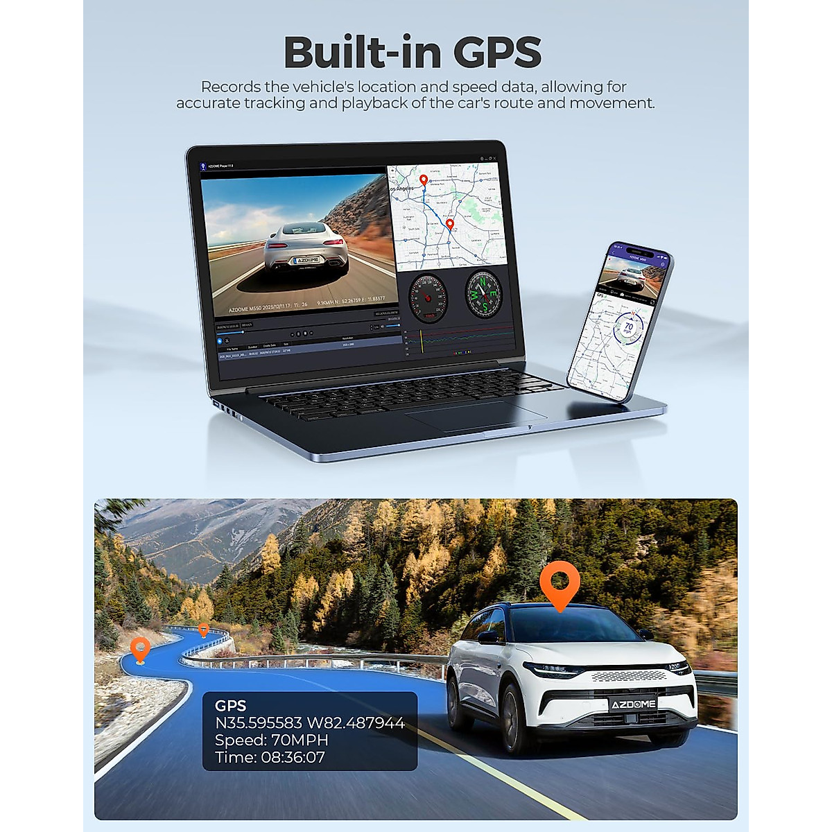 AZDOME M550 3 Channel Dash Cam with 3-Lead Mini USB Hardwire Kit (JYX02)