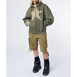 Cbsdezanos Womens Y2k Star Graphic Zip Up Hoodie Long Sleeve Oversized Sweatshirt Punk Goth Jacket Aesthetic Harajuku Streetwear (Star hoodie Green, S)