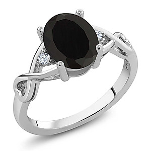 Gem Stone King 925 Sterling Silver Black Onyx and White Topaz Engagement Ring For Women (2.05 Cttw, Oval 9X7MM, Gemstone Birthstone, Available In Size 5, 6, 7, 8, 9)
