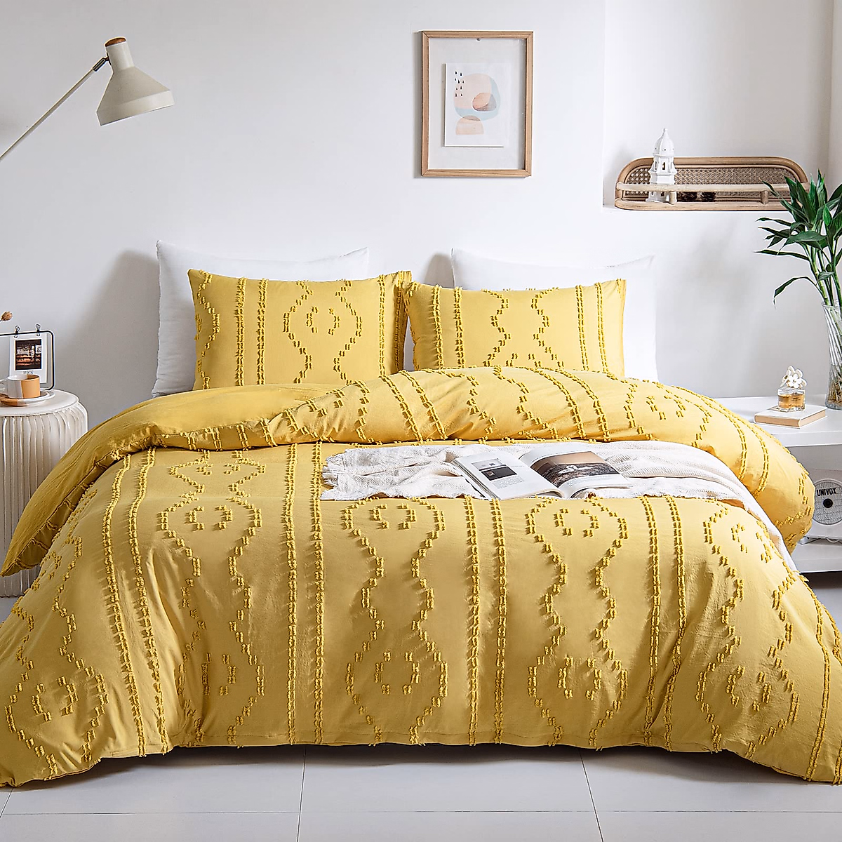 WARMDERN Boho Duvet Cover Set, Tufted Bedding Duvet Covers Soft Washed Microfiber Duvet Cover King Size, 3 Pieces Embroidery Shabby Chic Duvet Cover with Zipper Closure(Yellow, King)