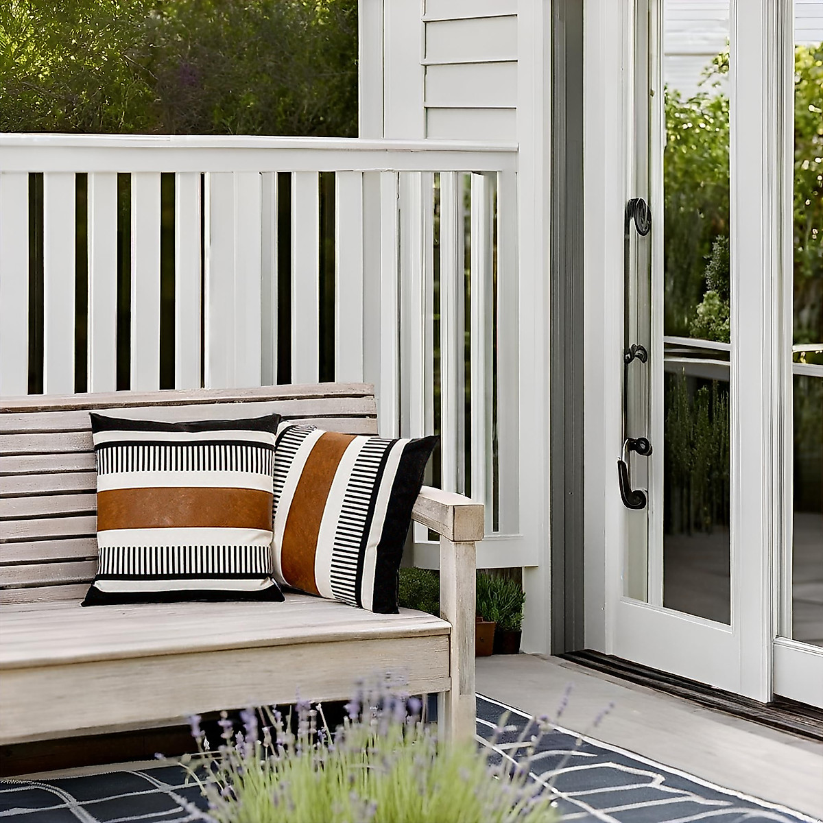 Vfuty Set of 2 Striped Boho Throw Pillow Covers 16x16 inch, Modern Leather Pillow Cover for Couch Sofa Bed, Farmhouse Decor Patchwork Accent Pillowcase, Black