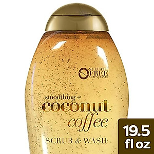 OGX Smoothing + Coconut Coffee Exfoliating Body Scrub with Arabica Coffee & Coconut Oil, Moisturizing Body Wash for Dry Skin, Paraben-Free with Sulfate-Free Surfactants, 19.5 Fl Oz