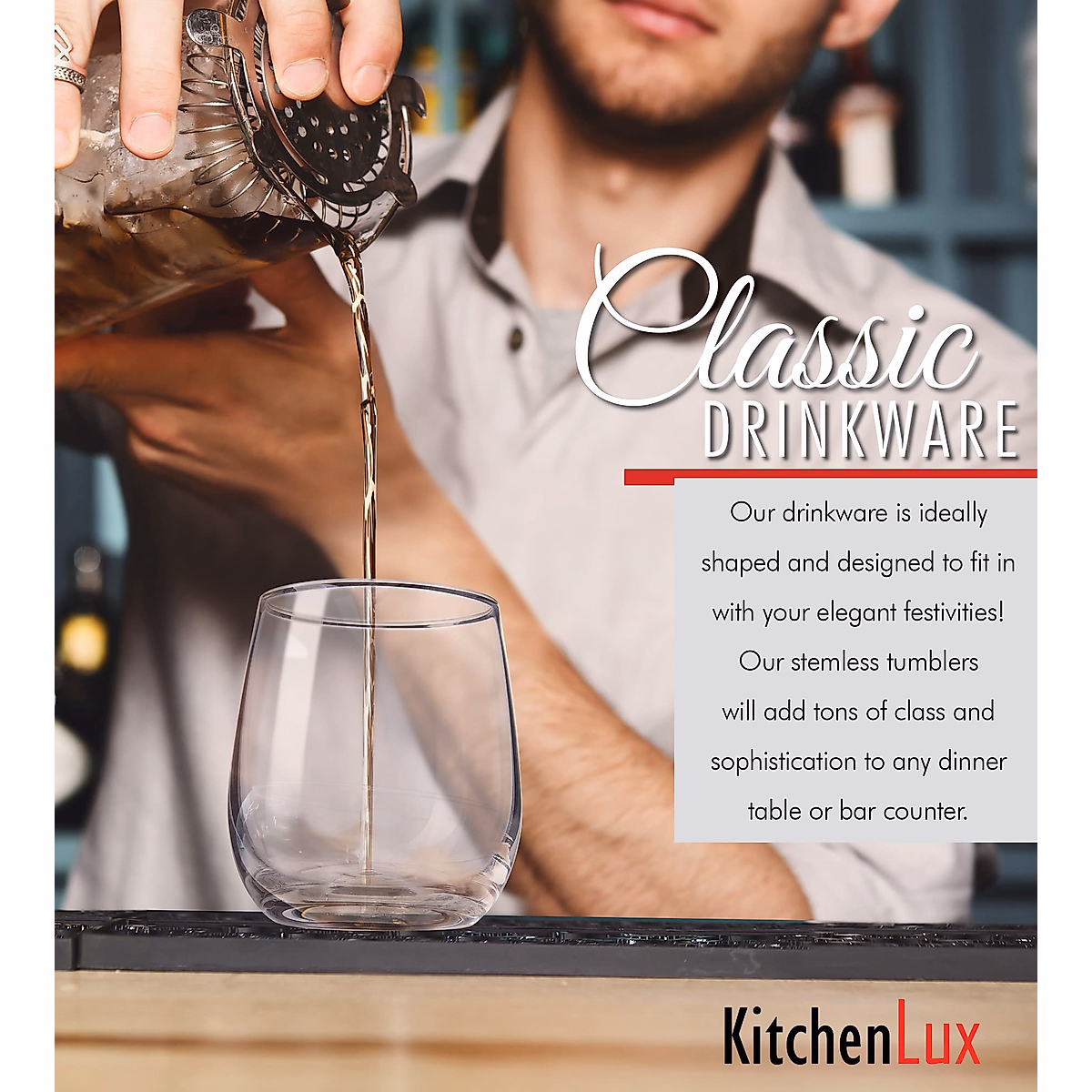 Kitchen Lux 12oz Drinking Glass Tumbler – Set of 12 – Premium Clear Glasses For Wine, Shots, Cocktails, Scotch and All Purpose Drinking Cups – Elegant Stemless Design – Dishwasher Safe