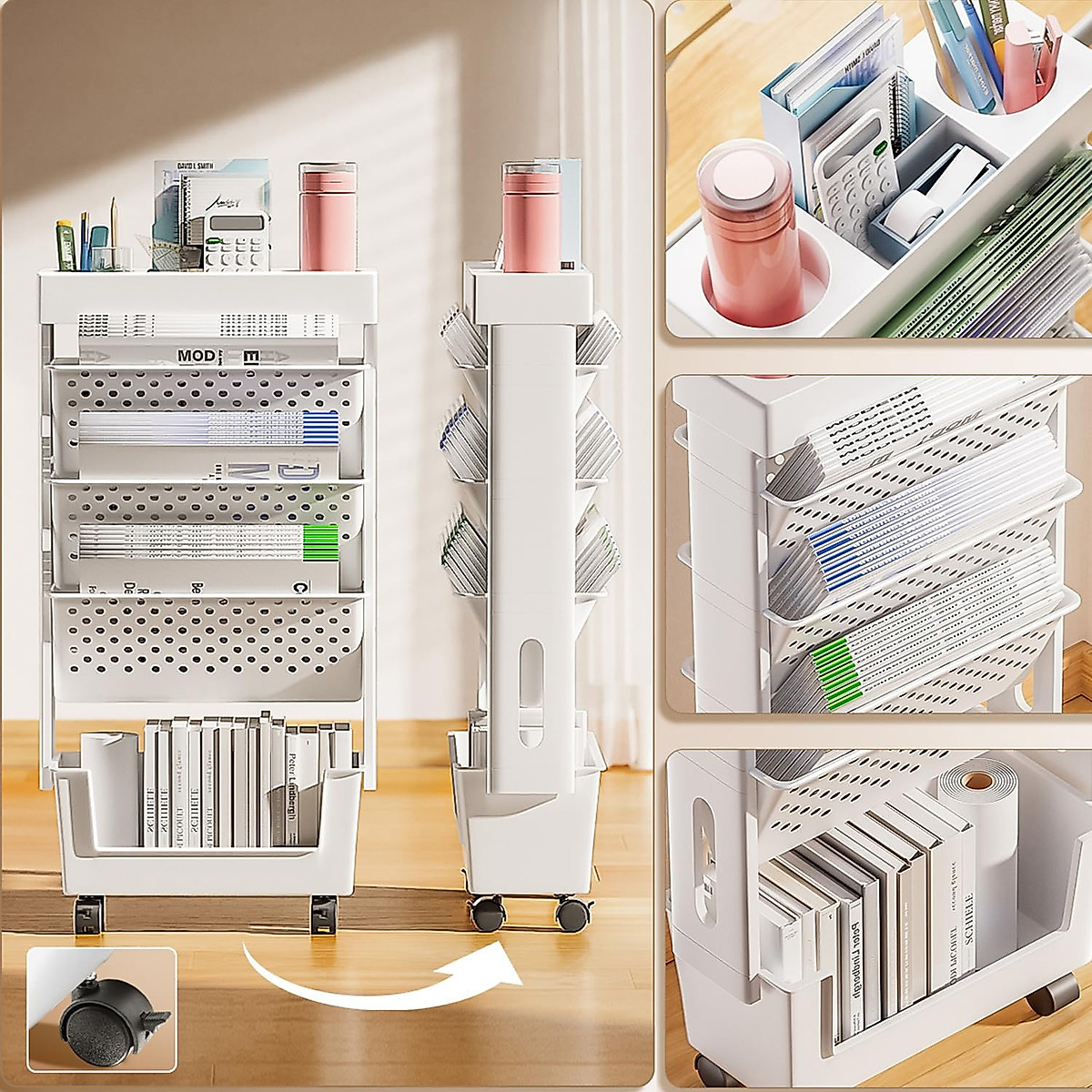 NBHH 5 Tier Book Rack Storage Bookshelf,Plastic Removable Rolling Utility Cart Multi-Functional Movable Storage Book Shelves with Wheels for Students Study Office Kitchen Classroom, White