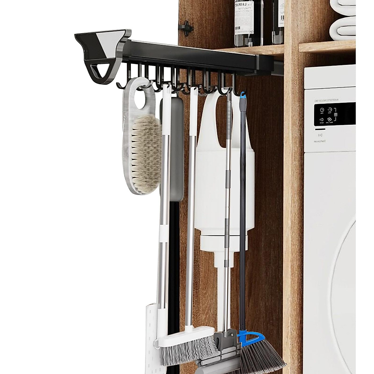 14.2-22" Pull Out Mop Broom Holder with 12-20 Heavy Duty Hooks Pans Pots Racks for Cabinets Pull Out, Multifunctional Slide Broom and Mop Organizer/storage Sliding Under Cabinet Organization ( Size :