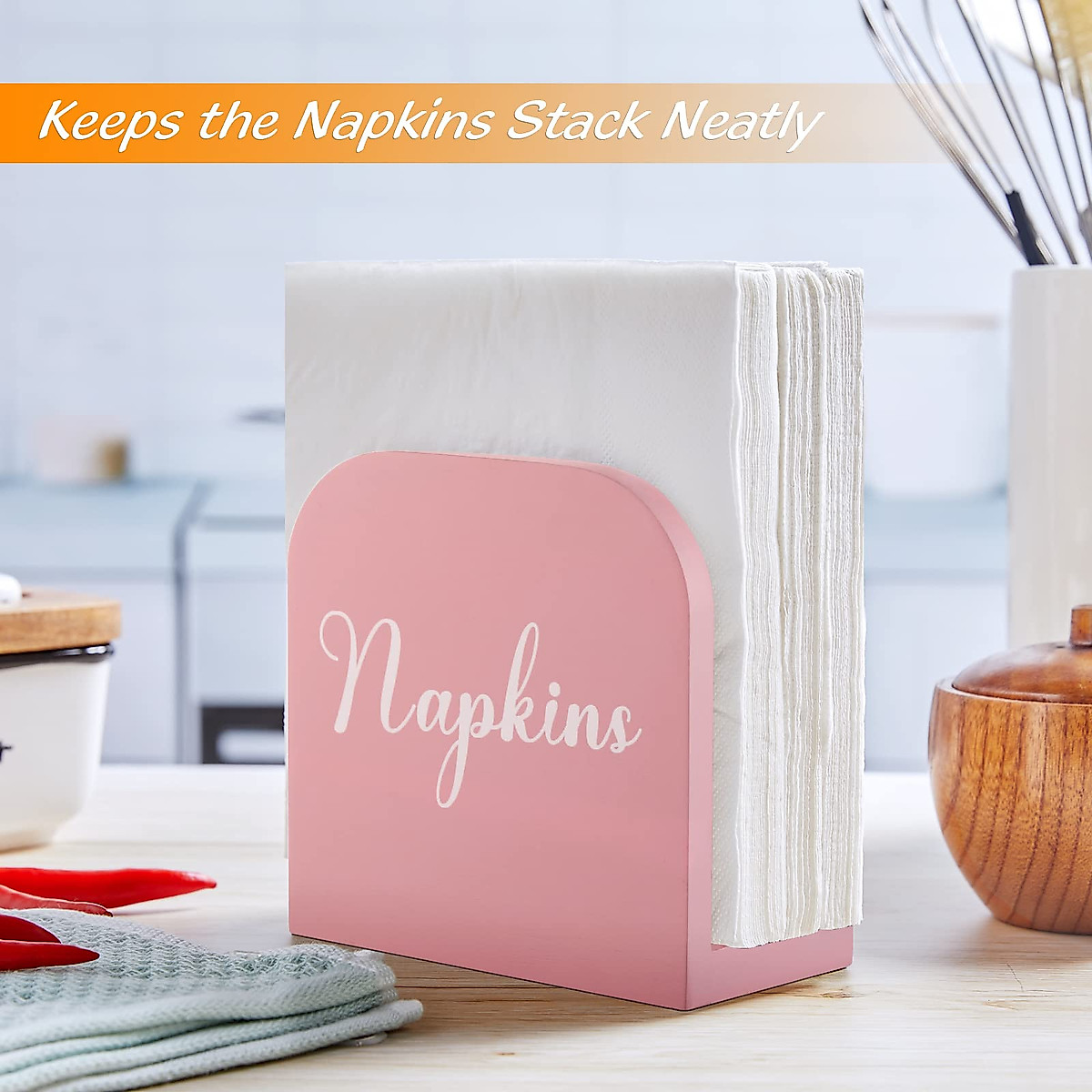 Pink Napkin Holder for Table - ALELION Wooden Napkin Holders for Kitchen - Pink Kitchen Decor and Accessories for Dining Room Table Decor - Wood Napkin Dispenser