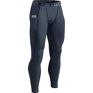 ATHLIO Men's Compression Pants Running Tights Workout Leggings, Cool Dry Technical Sports Baselayer, Pocket 2pack Leggings Black & Neon/Charcoal, Medium