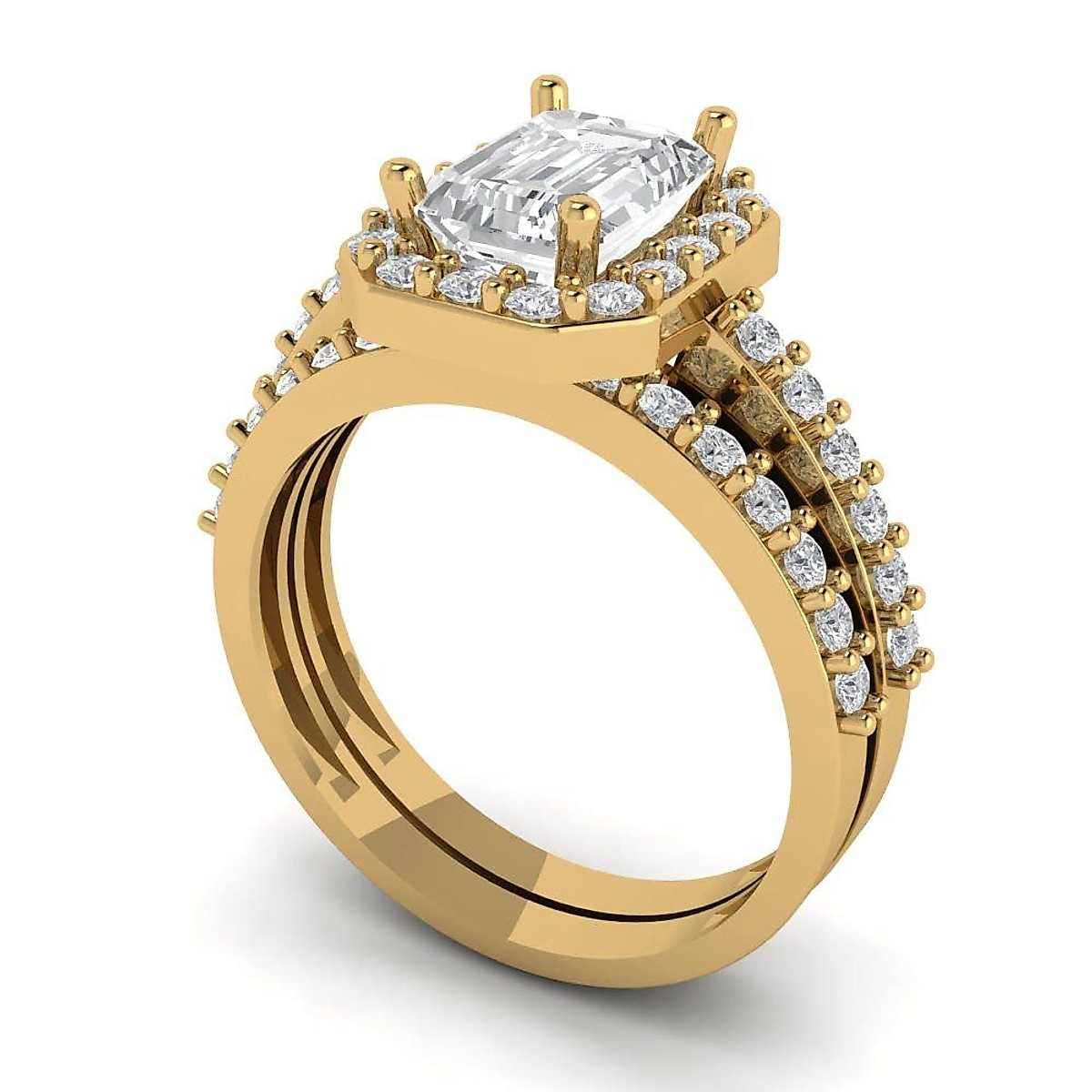 Clara Pucci 2.14ct Emerald Round cut Engraving Pave Halo Solitaire Moissanite Wedding Anniversary Ring band set 14k Yellow Gold Size 7.5