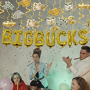 Money Party Decorations Big Bucks Balloons Gold Money Theme Hanging Swirls Dollar Bill Signs Currency Symbol Money Bag Happy Birthday Party Decorations for Adults Buchona Casino Gangster Party 31 pcs