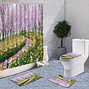 AXISRC Windmill Red Tulip Garden Shower Curtains Sets Plant Flowers Non Slip Bath Mats Rugs Toilet Cover Lid Pad Home Bathroom Decor 71x71inches