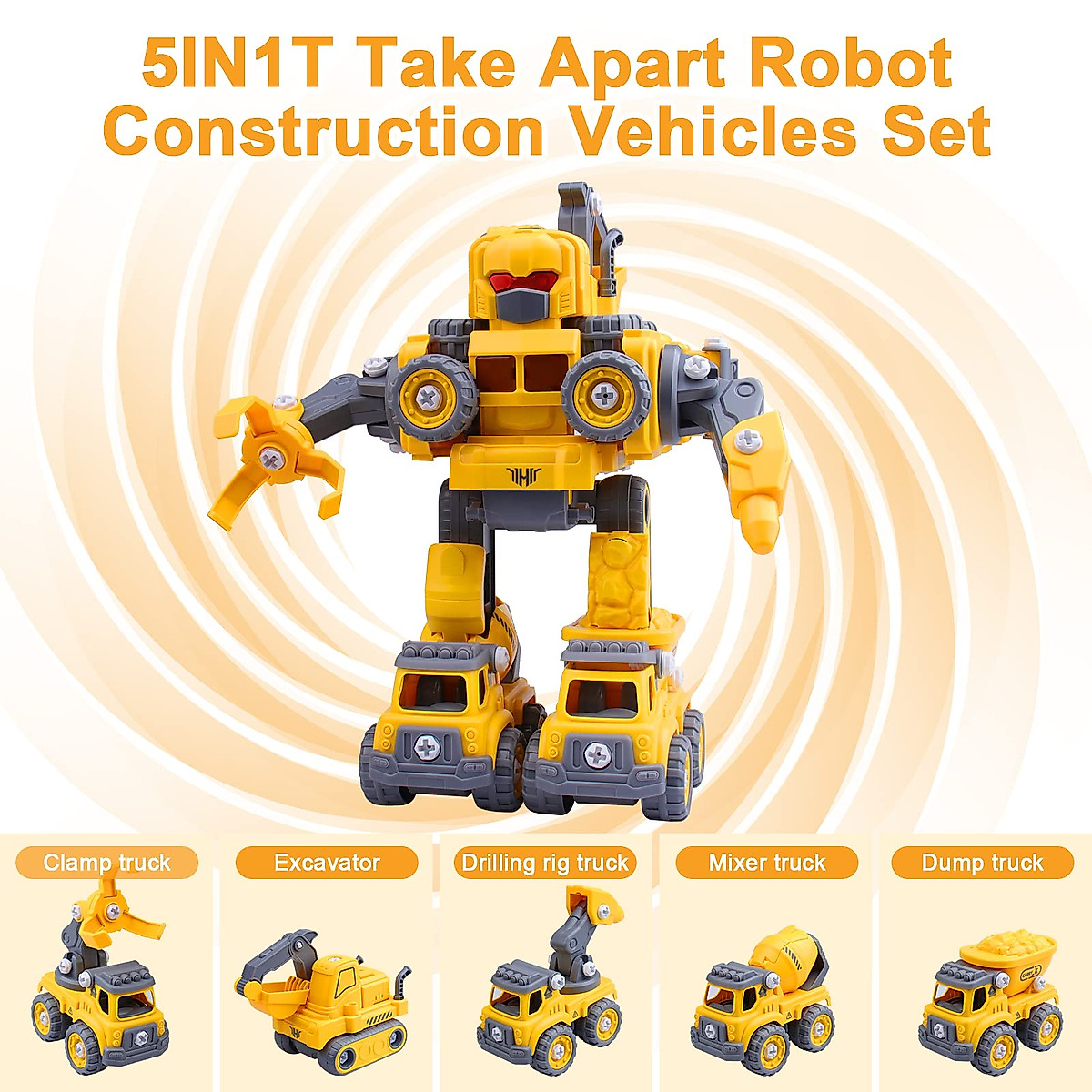 Toy Car Set for Kids 5 in 1 Transform Robot Take Apart Toys Building Toys Excavator Construction Vehicle Robot Toy with Sound and Light Effect for 3 4 5 6 7 8 Olds Boys and Girls Gift