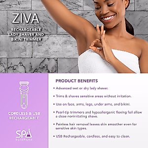 Spa Sciences Ziva Lady Shaver - Advanced Wet & Dry Trimmer - Non-Irritating Shave - for Sensitive Skin - USB Rechargeable - All Skin Types