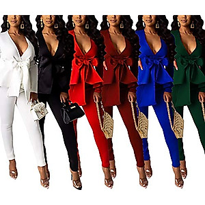 2 Piece Blazer Suit for Women Sexy Long Sleeve Deep V Neck Bow Tie Ruffle Hem Peplum Blazer Jacket with Bodycon Long Pants Set Work Office Party Club Outfits Blue, Large