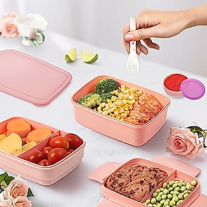 Freshmage Stackable Bento Box Adult Lunch Box with 5 Compartments, Premium All-in-One Leak-Proof Bento Lunch Box With Spoon, 1 oz Dressing Container for Work, Camping, Picnic (Pink)