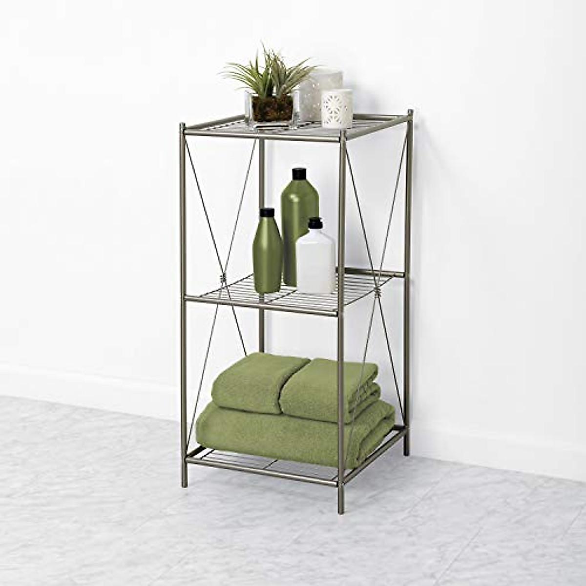 Zenna Home 3 shelves 2557NN Cross Style Floor Stand, Satin Nickel