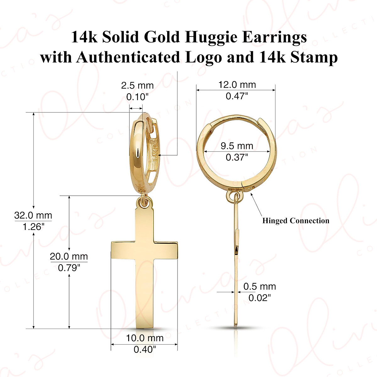14k Yellow Gold Dangle Cross Huggie Earrings 12mm
