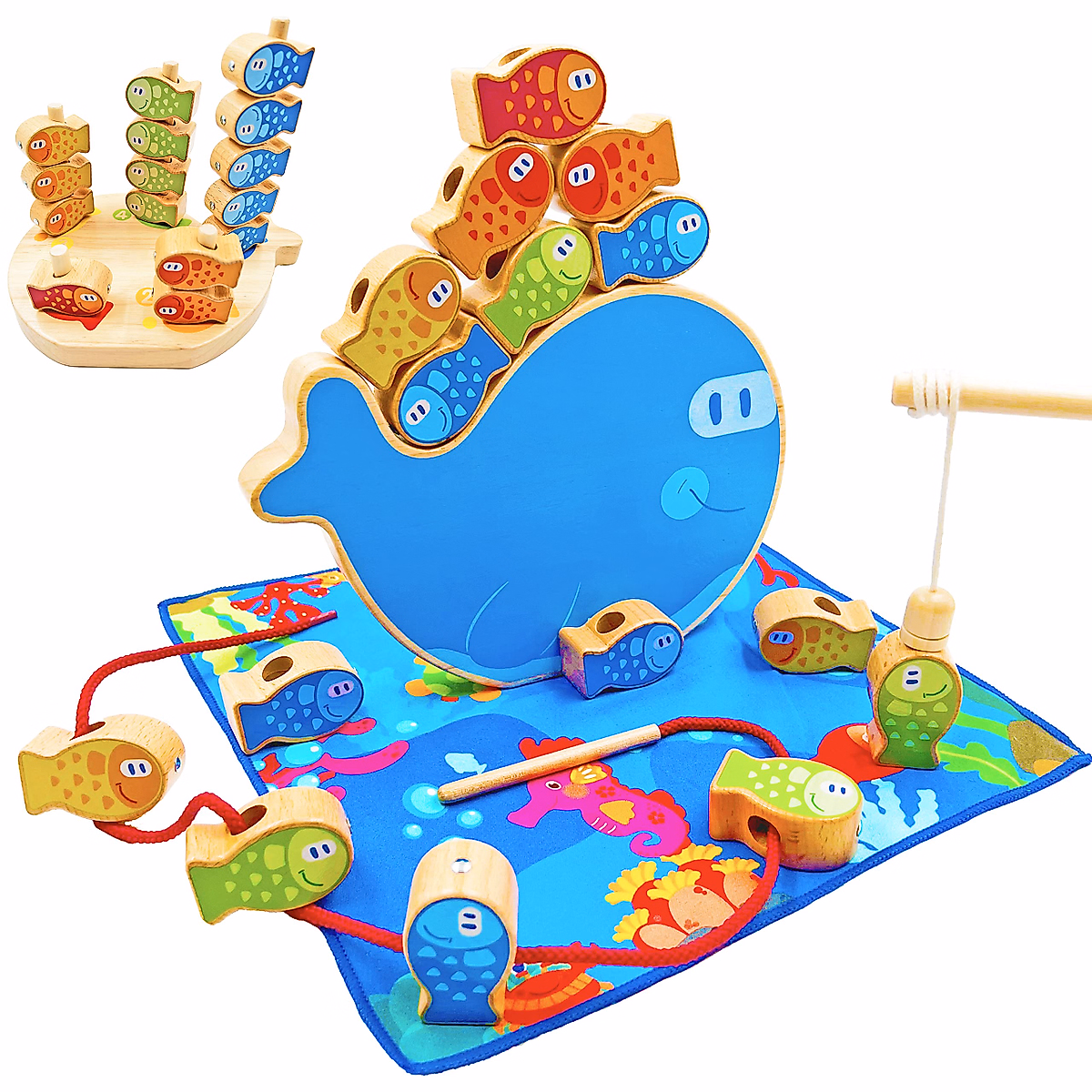 Dailyfunn Montessori Toy 4-in-1 Magnetic Fishing Game Stacking Blocks Lacing Beads Toys for Toddlers-Kids