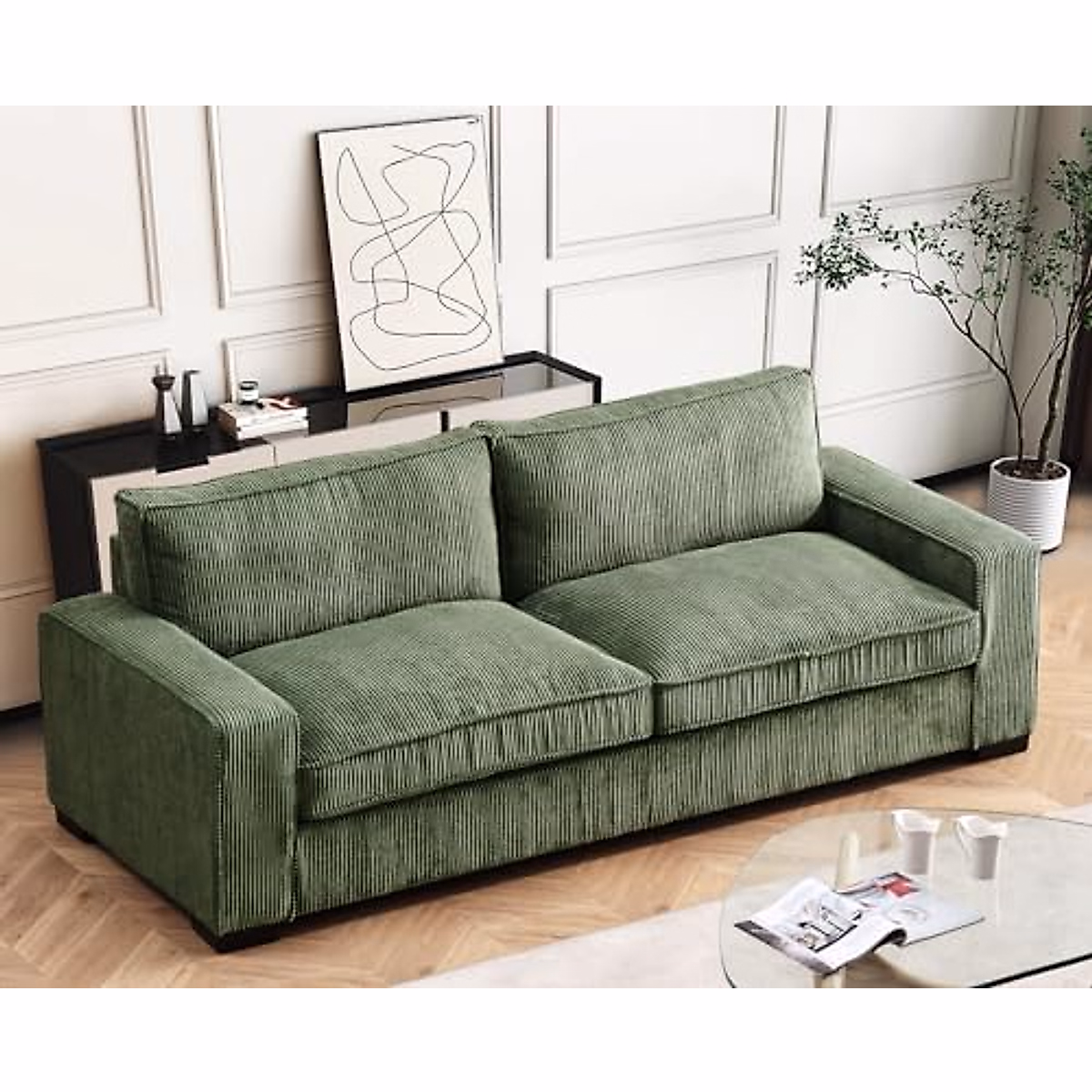 Container Furniture Direct Luxe Corduroy Sofa with Sleek Design, Spacious and Comfortable 3 Seater Couch for Modern Living Room, Ideal for Entertainment and Cozy Moments, Large, Green