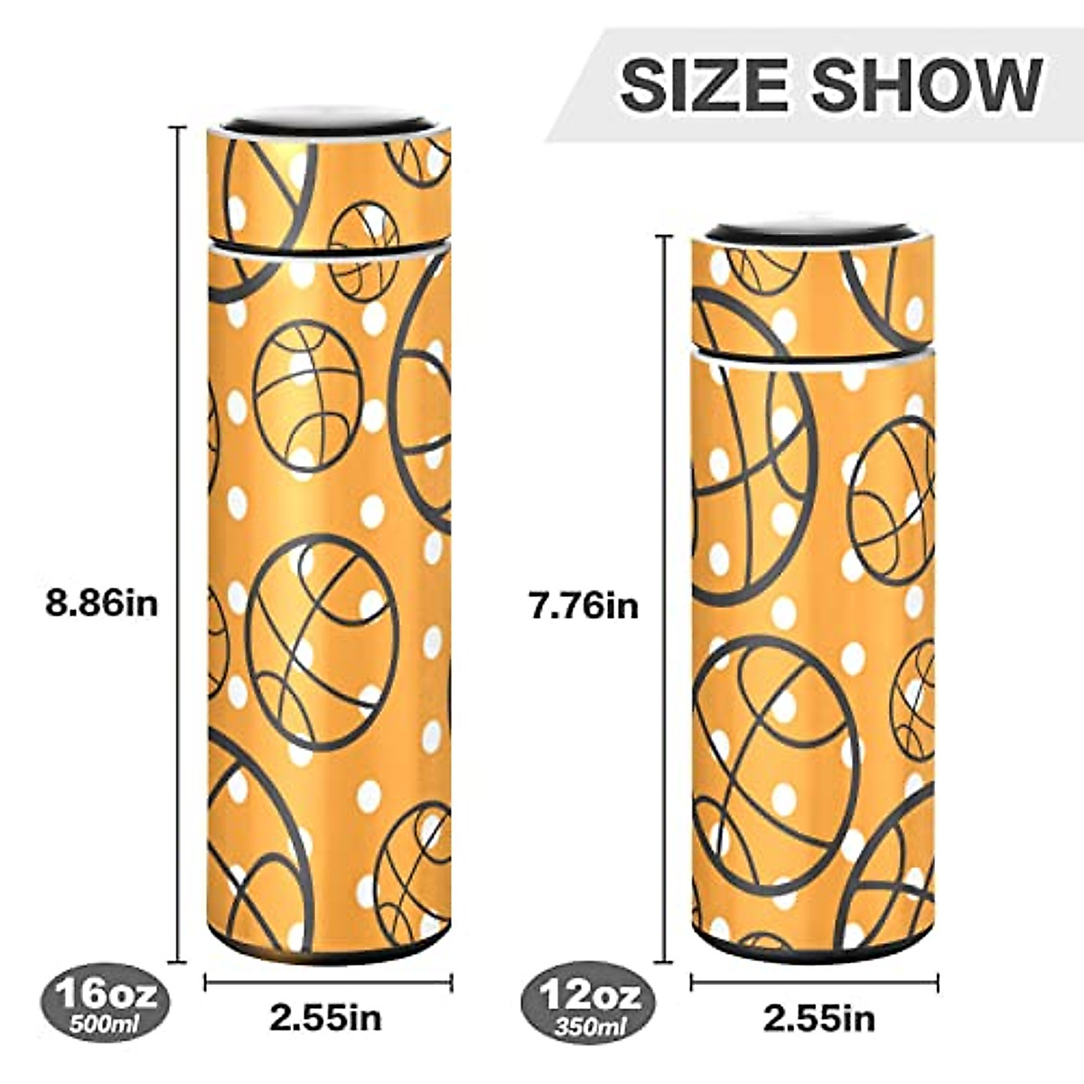 CaTaKu Basketball Polka Dots Water Bottle Insulated 16 oz Stainless Steel Flask Thermos Bottle for Coffee Water Drink Reusable Wide Mouth Vacuum Travel Mug Cup