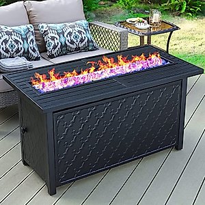 MFSTUDIO 45” Outdoor Rectangular Gas Fire Pit Table，50000 BTU Propane Iron Plate Embossing Fire Table with Lid and Blue Glass for Patio,Backyard and Balcony,Black