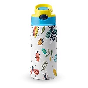 Stainless Steel Water Bottles Bright Insect Pattern Travel Water Cups with Handle And Silicone Straw Drinking Cup with Leak Proof Lid Thermo Travel Mug for Women Men