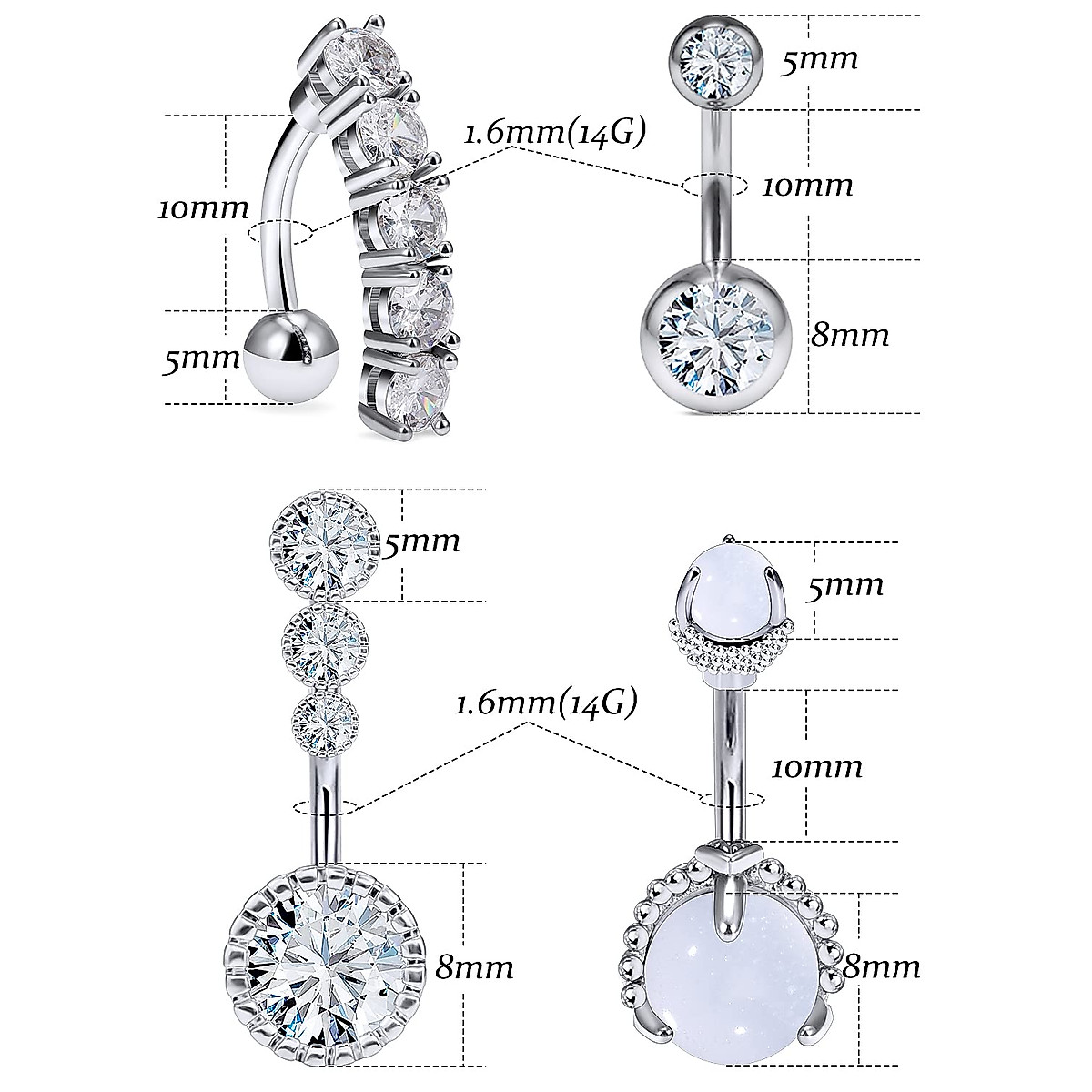 Vsnnsns 14G Belly Button Rings Stainless Steel CZ Skull Piercing Jewelry Belly Bars Curved Navel Ring Barbell Body Jewelry Piercing for Women Men Silver 10MM