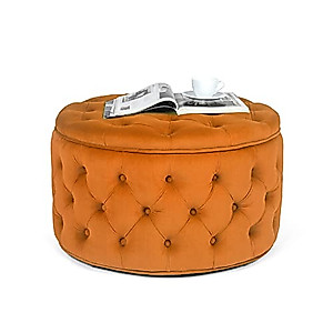 Homebeez Round Velvet Storage Ottoman, Button Tufted Footrest Stool Coffee Table for Living Room,24.8" L x 24.8" W x 15.4" H,Orange