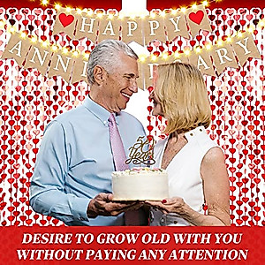 Breling 6 Pieces Burlap Happy Anniversary Banner Party Bunting Garland Decorations Wedding Decoration Supplies Hanging Red Heart Streamer with LED Lights, M