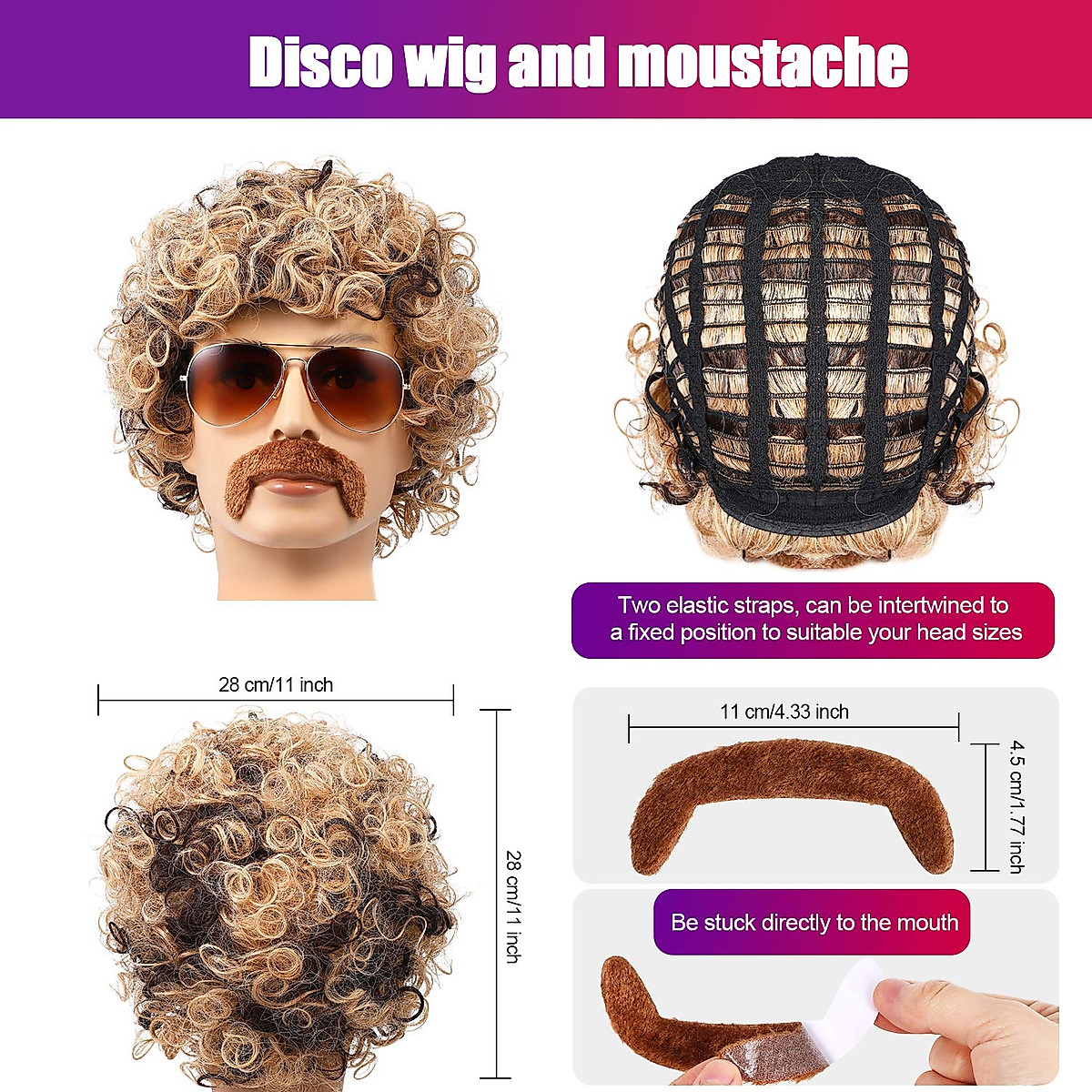 Frienda 4 Pcs 70s 80s Disco Wig Costume Set,Includes Disco Hippie Short Curly Wig,Disco Sunglasses,Moustache and Faux Gold Chain Necklace Afro Brown Wig for Disco Men Women Party