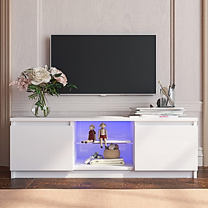 Boloni White TV Stand with LED Light for 55 Inch TV, Modern Entertainment Center Stand with 2 Drawer Storage, Media Console Cabinet with Color-Changing Lighting for Living Room