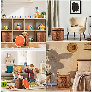 Amylove 3 Pack Tree Stump Storage Stool 12 x 12 Inch Storage Stool Ottoman, Cute Folding Storage Toy Box with Foam Cushion, Collapsible Storage Seat Chest (Classic)
