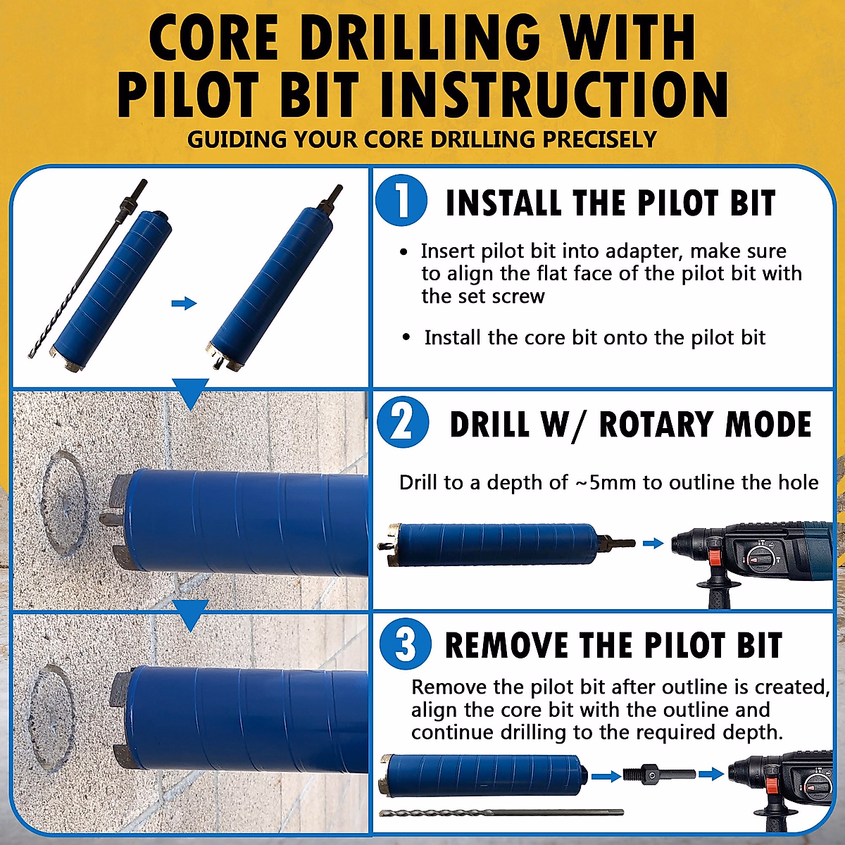 4-1/4" Dry Diamond Core Drill Bits for Brick and Block with 1/2" Shank Pilot Bit Adapter, 9.5" Drilling Depth, 5/8"-11 Arbor