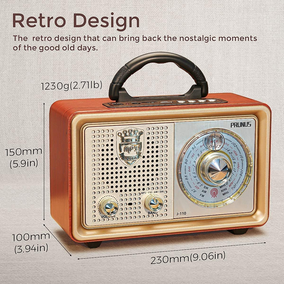 J-160 Retro AM FM Shortwave Radio, J-110 Vintage AM FM Shortwave Tabletop Radio with Excellent Reception, SD Card USB Drive Aux-in MP3 Player, Battery Operated by PRUNUS