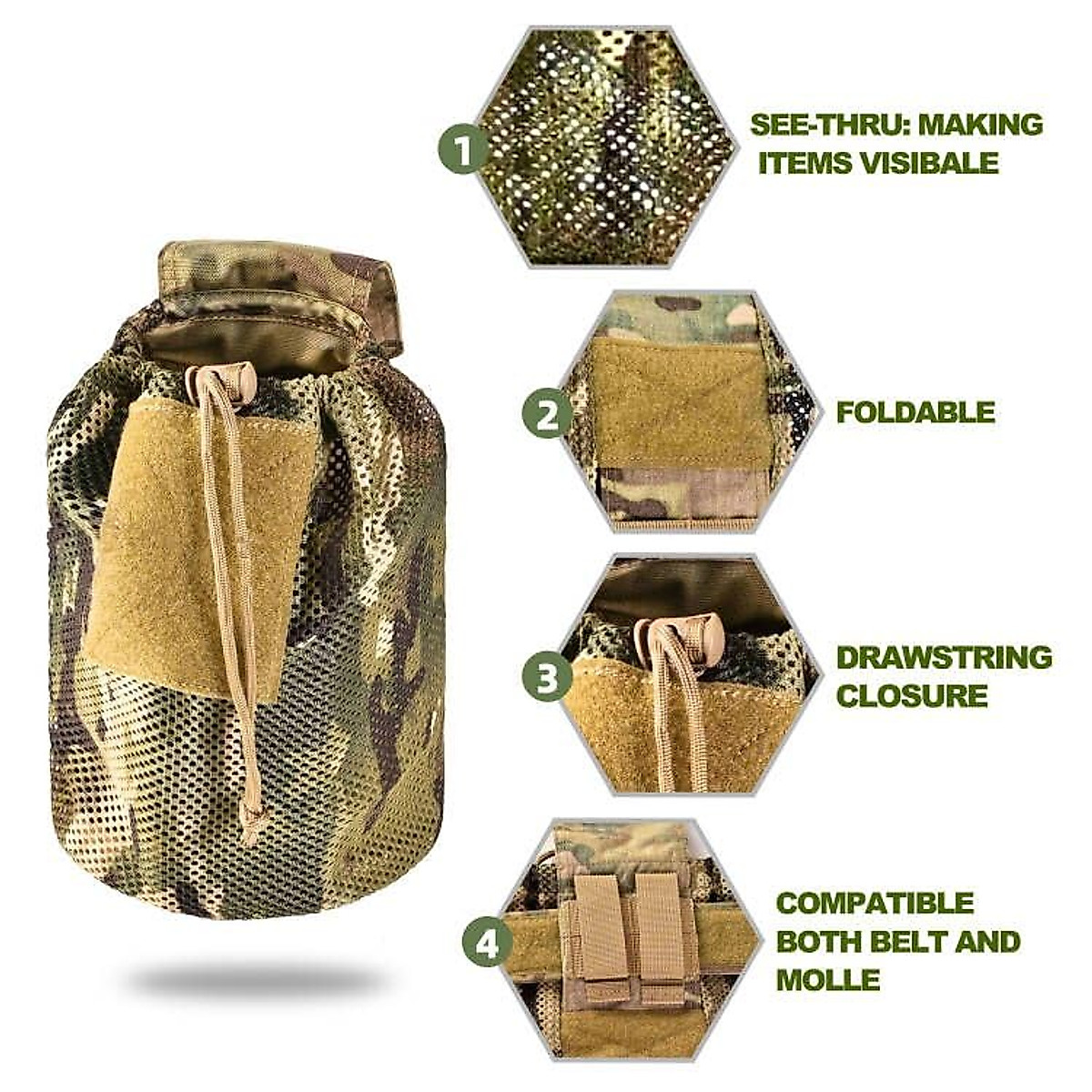 Molle Dump Pouch Belt Mount,SABADO Drawstring Bag Folding Tactical Pouches,Roll Up Mesh Dump Pouch Tool Pack for Carrier Vest Belt