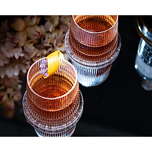 GLASSIQUE CADEAU Vintage Art Deco Speakeasy Lowball Glasses | Set of 4 | 9 oz Crystal Tumblers for Drinking Classic Gin, Rum, Vodka Bar Drinks | Round Short Rocks Glassware