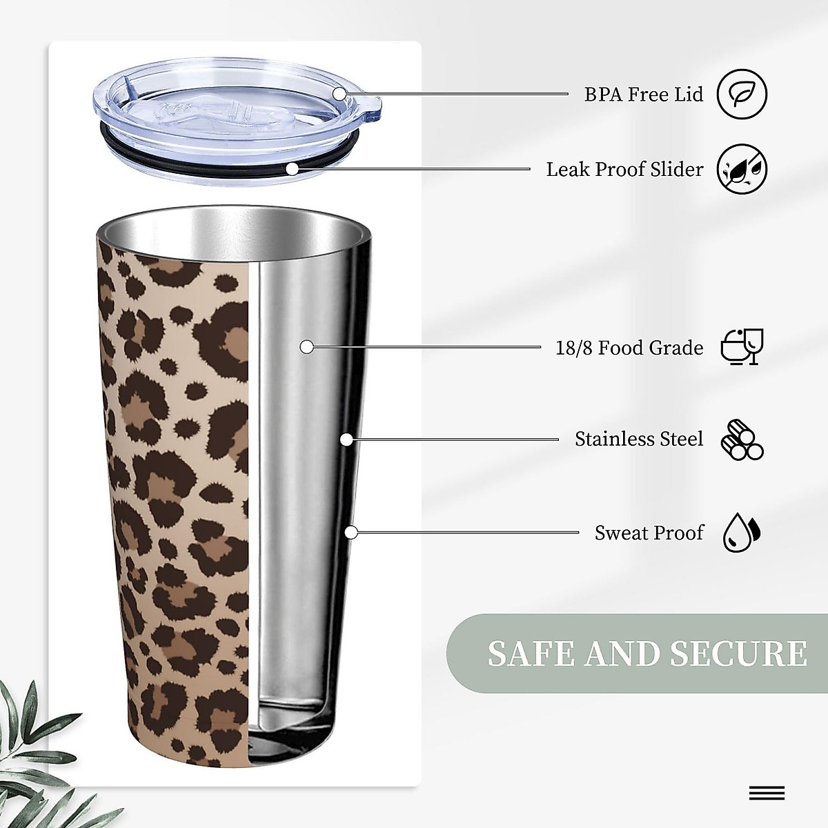 CHASOEA Leopard Tumbler 20oz Leopard Stainless Steel Insulated Tumblers with Lid and Straw Brown Travel Coffee Mug Tea Wine Cups Water Bottle Leopard Gifts for Women Leopard Lover