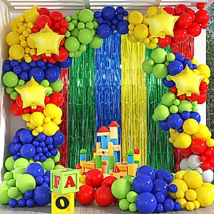 Super Bros Birthday Party Decoration, including 2Pack Red Green Blue Yellow Foil Fringe Curtains, 1pc Mario Themed Birthday Banner & 22pcs Balloons for Video Game Mario Theme Birthday Party Supplies